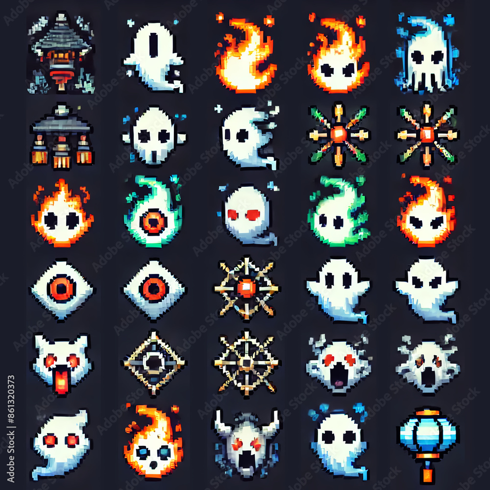 A sprite sheet in pixel art style for a Japanese RPG featuring will-o ...