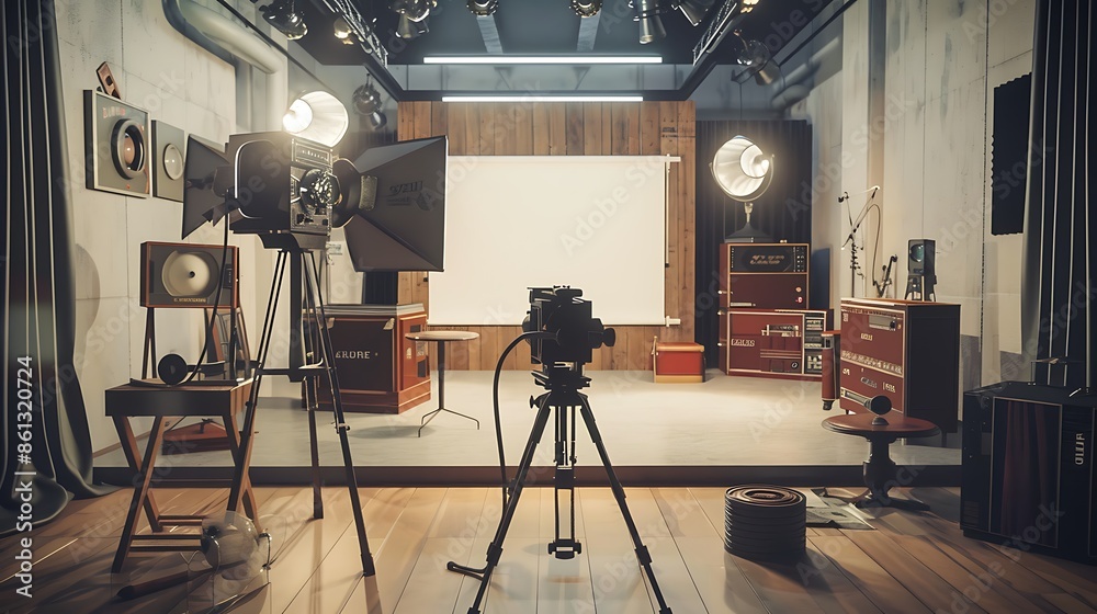 Retro-inspired film studio setup with classic movie-making equipment ...