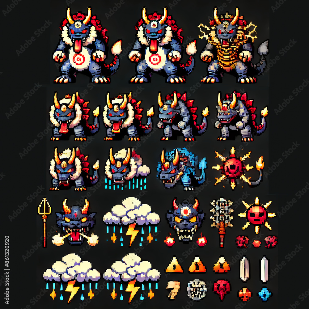 A sprite sheet in pixel art style for a Japanese RPG featuring thunder ...