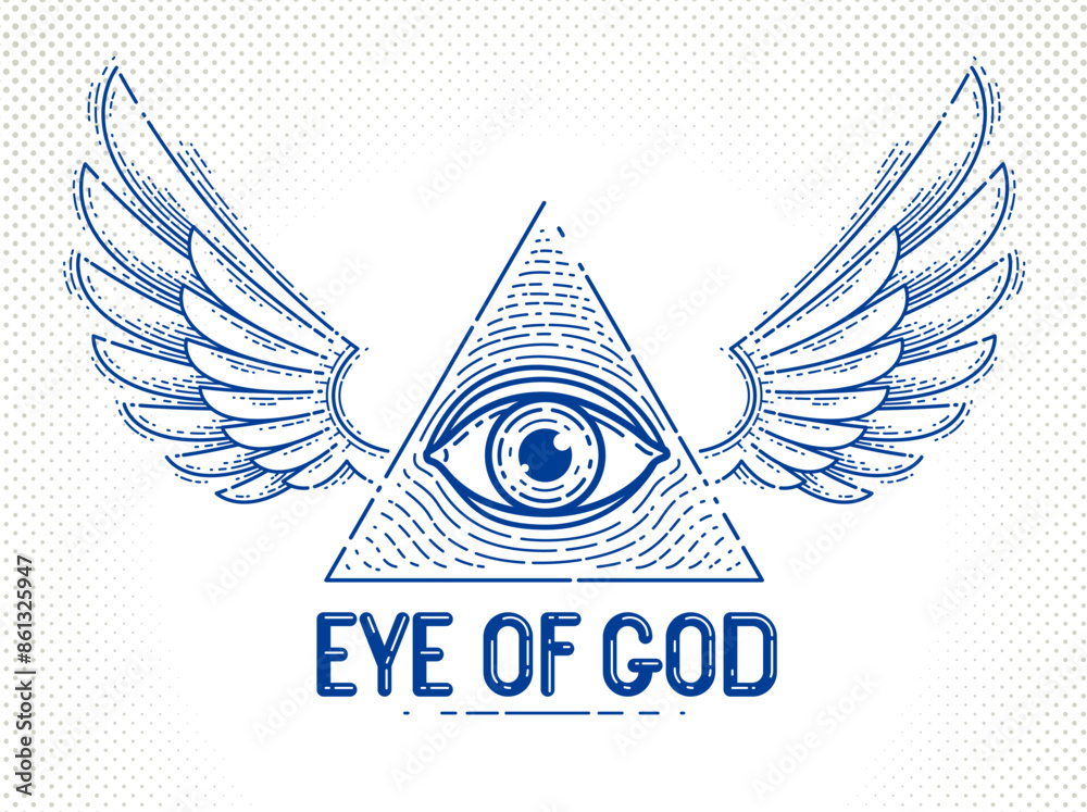 All seeing eye of god in sacred geometry triangle with bird wings of ...