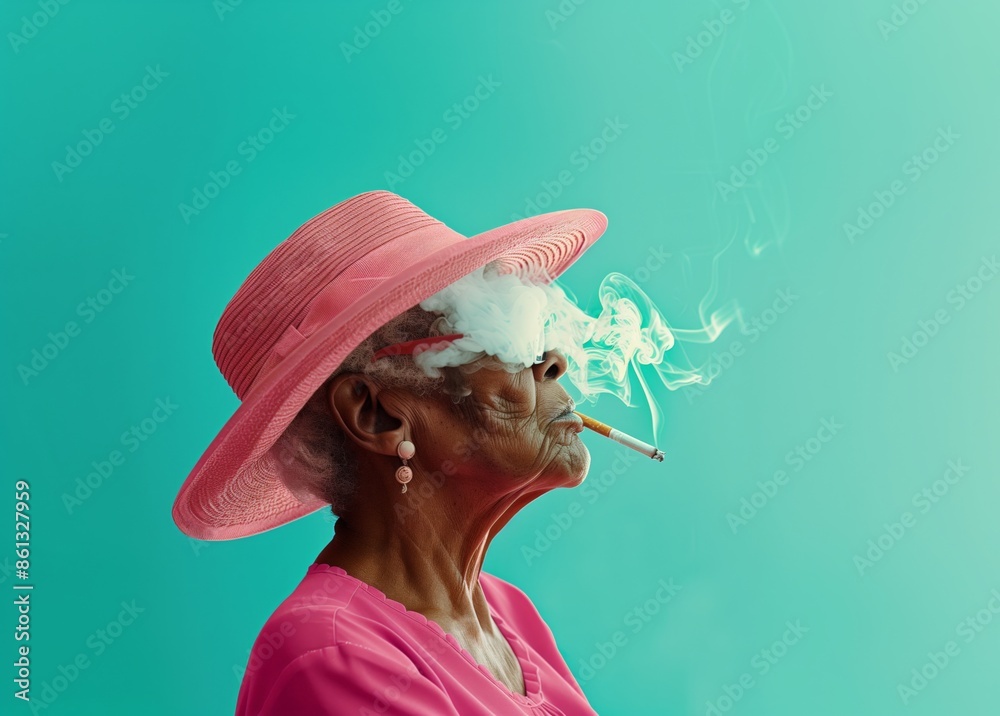 Old black woman wearing a hat smoking a cigarette with white smoke ...