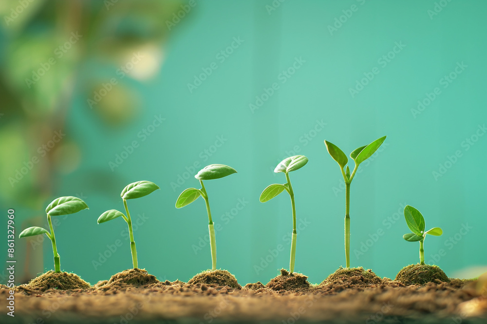 Growth stages of a plant from seedling to mature plant on a green ...