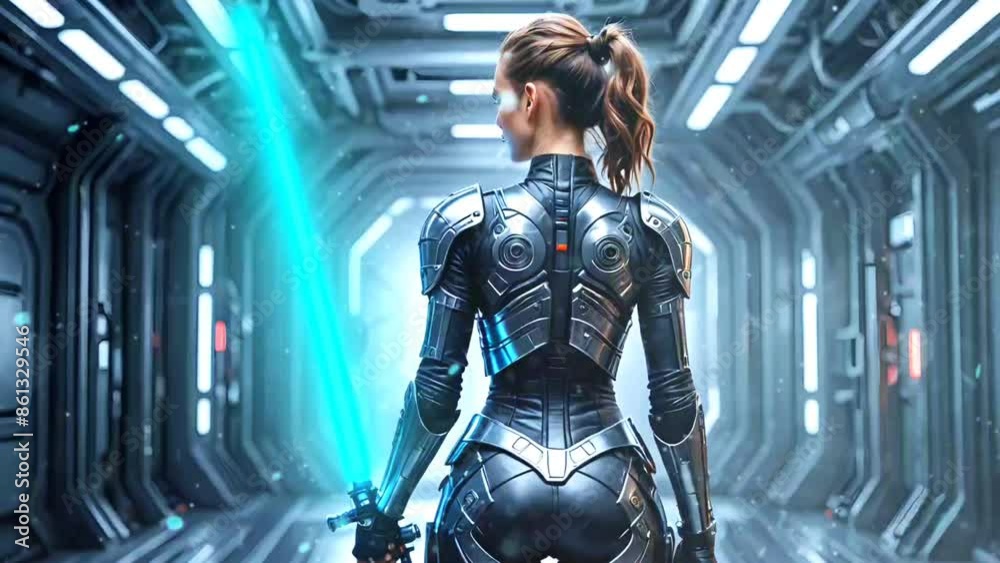 Back View of Woman in Cyber Armor with Laser Sword: Seamless Looping 4K ...