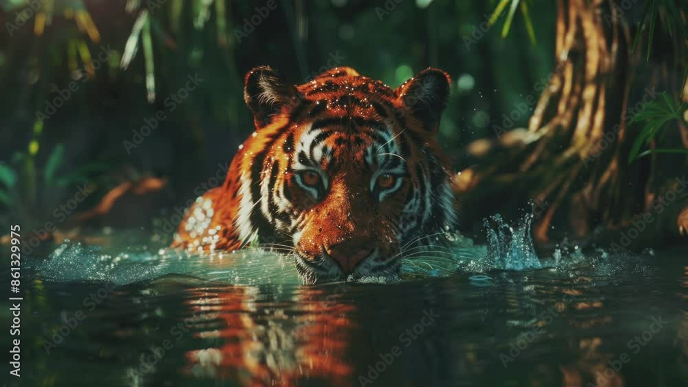Tiger's head and shoulders above water in a river, eyes fixed on ...