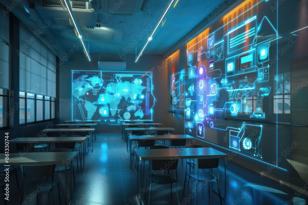Hightech classroom with holographic projections of digital lessons for ...