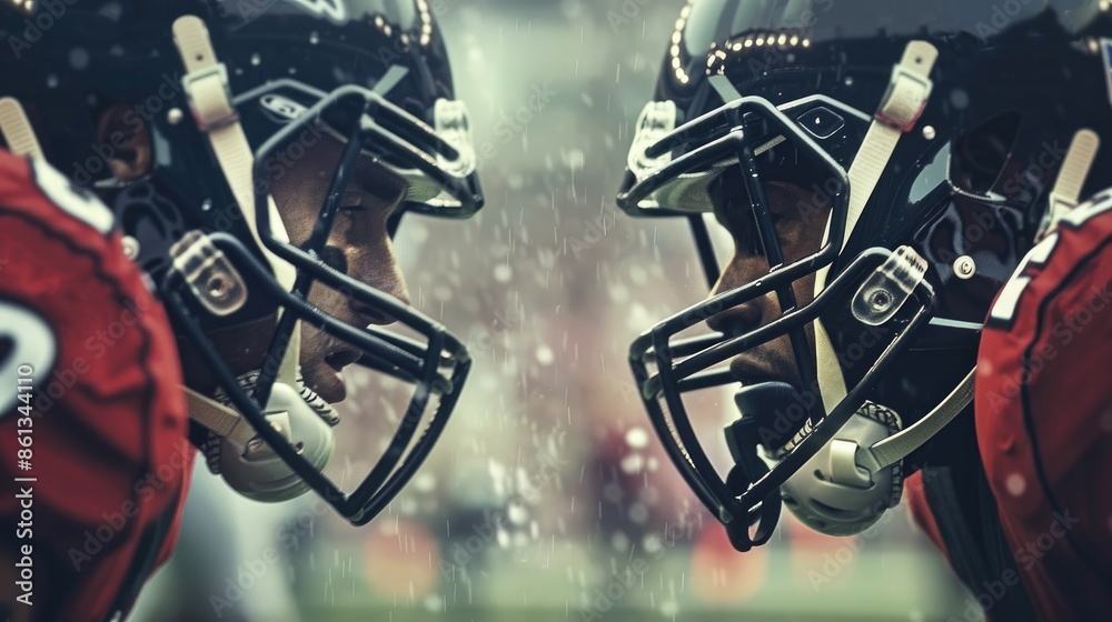 Two American football players face off on a rainy field, ready for ...