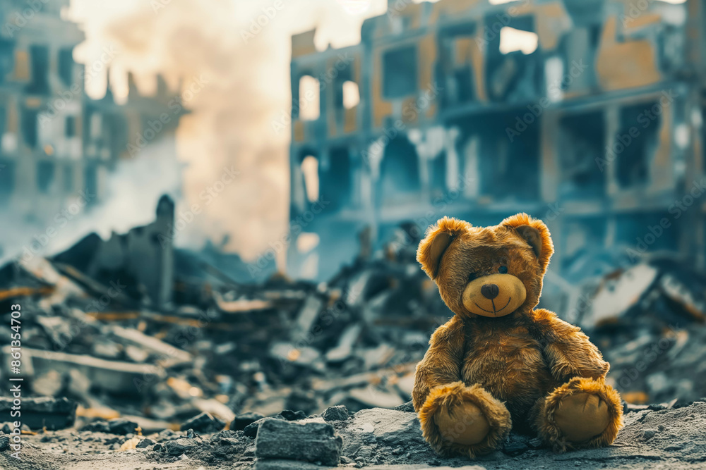 kids teddy bear toy over city burned destruction of an aftermath war ...