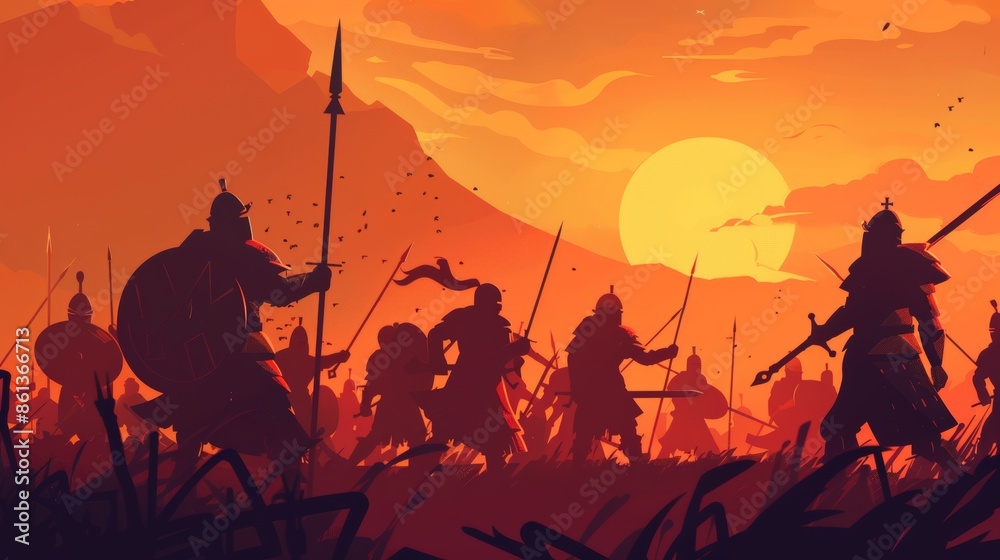 The fall of the warrior. He holds a sword in his hand and a bloody ...