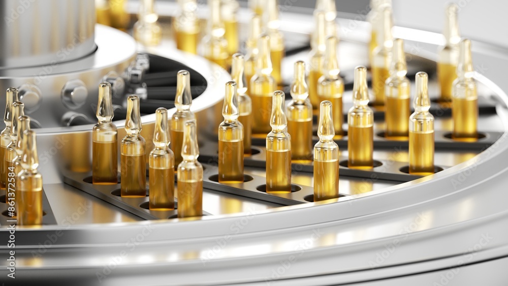 3d render illustration. Pharmaceutical production of glass ampoules ...