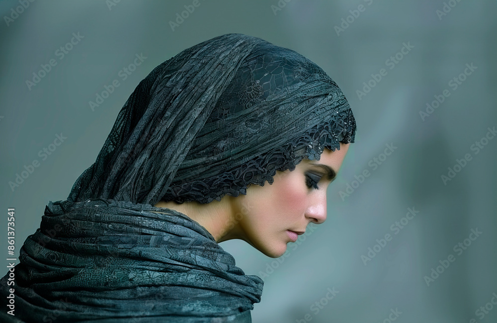 mourning woman in profile wearing a black lace robe and headdress ...