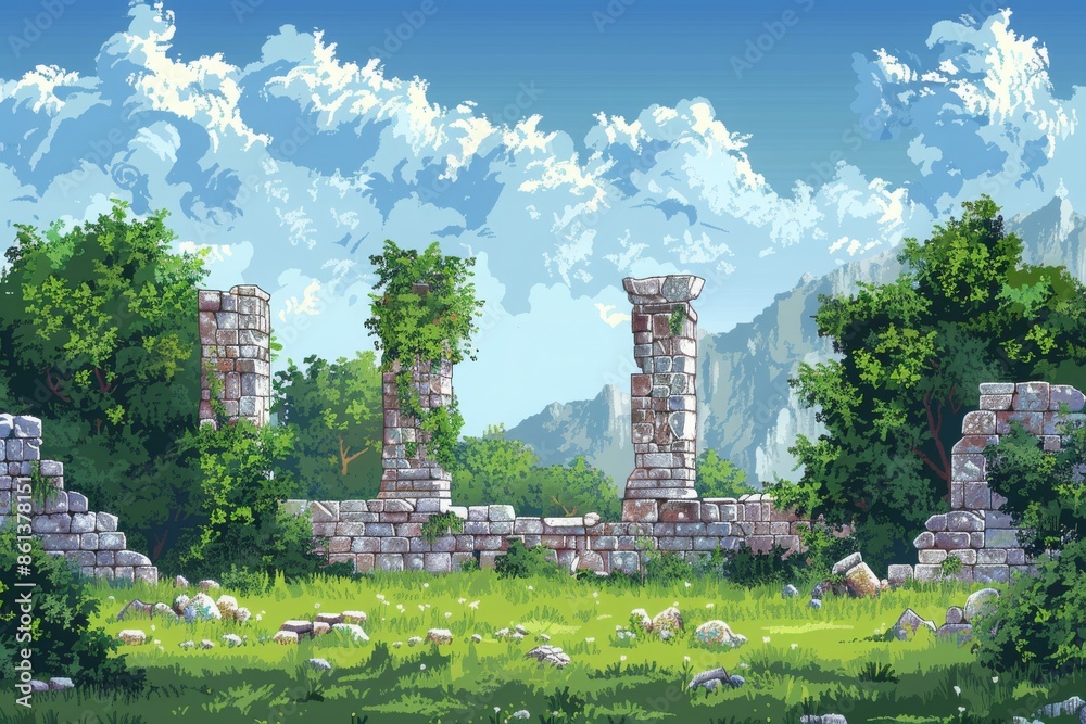 8-bit pixel art depiction of ancient stone columns amidst lush greenery ...