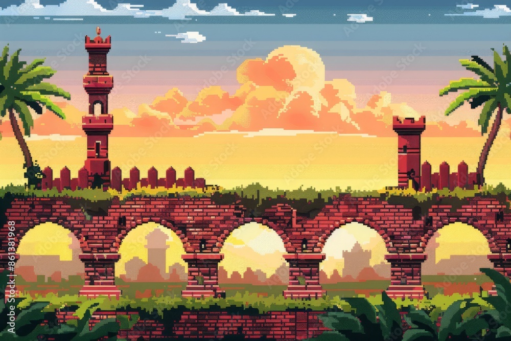 Pixel-art rendition of an ancient watchtower at sunset, encapsulating a ...