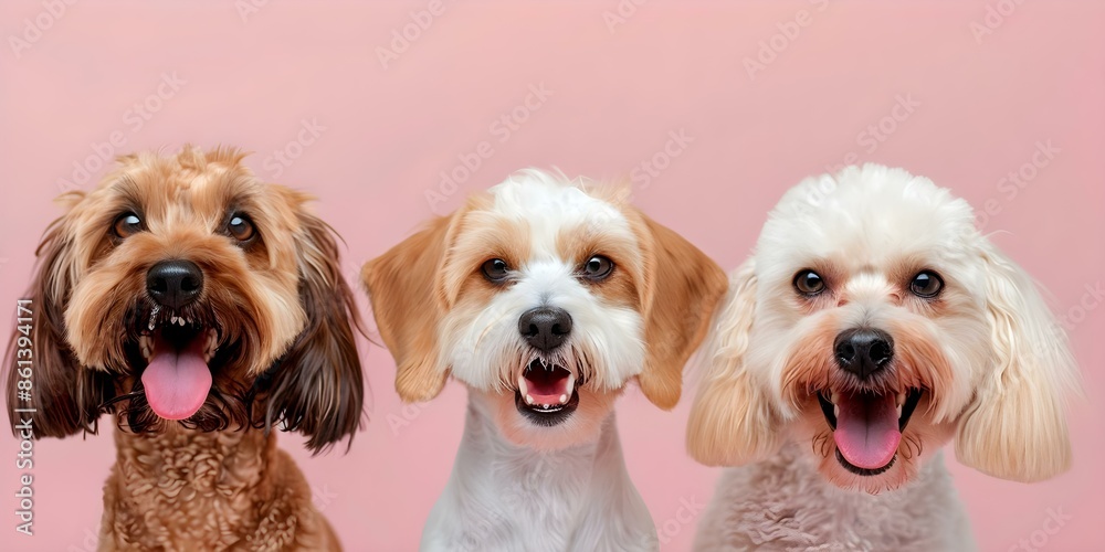 Collage of small dog breeds on pastel pink background with lively ...