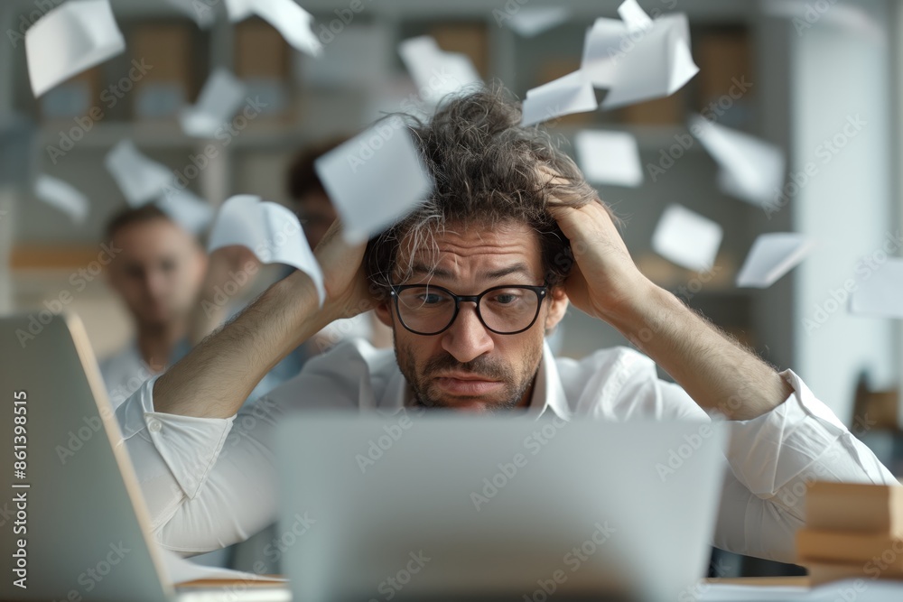 Overwhelmed Office Worker Under Stress with Flying Papers in Modern ...