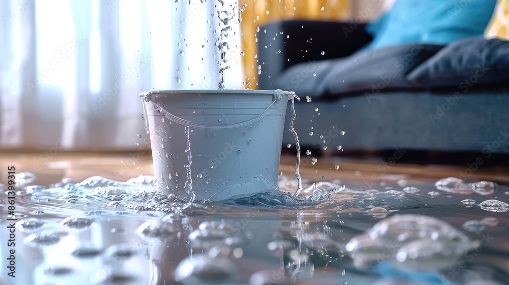 Foto de The image depicts a plastic bucket in a living room, catching ...