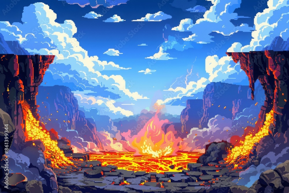 Pixel art vista depicting a volcanic explosion in a rugged canyon under ...