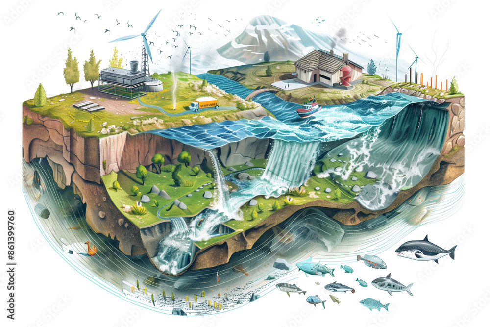 A diagram illustrating the water cycle and human impacts on freshwater ...