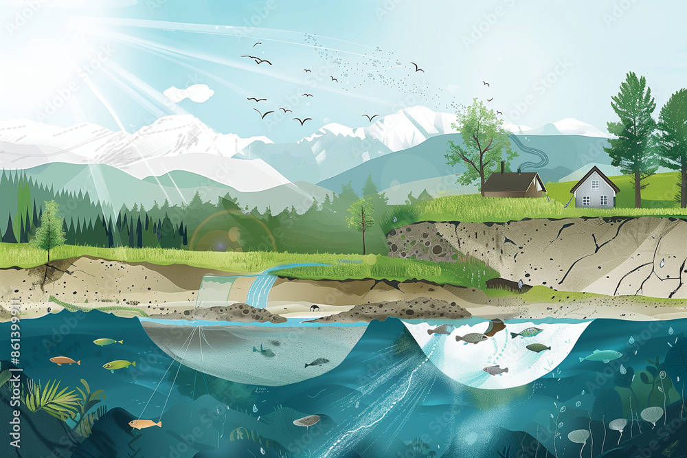 A diagram illustrating the water cycle and human impacts on freshwater ...