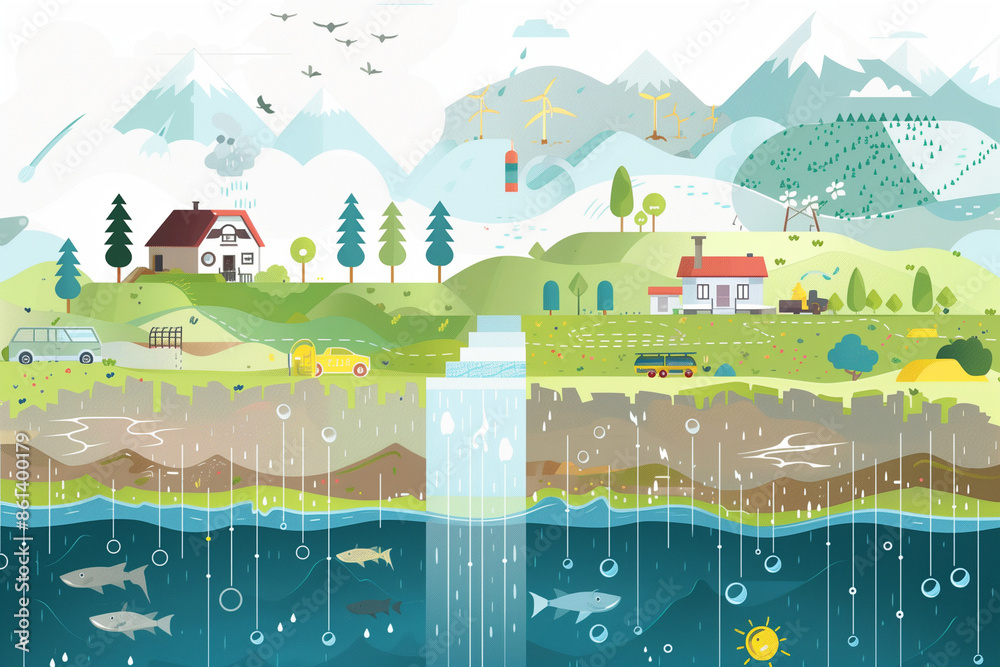A diagram illustrating the water cycle and human impacts on freshwater ...