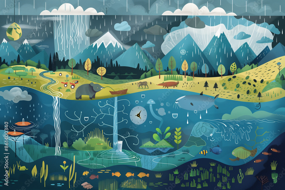 A diagram illustrating the water cycle and human impacts on freshwater ...