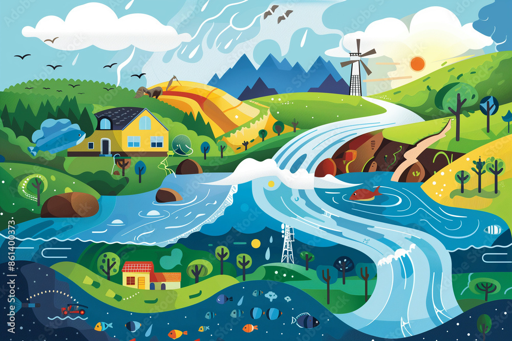 A diagram illustrating the water cycle and human impacts on freshwater ...