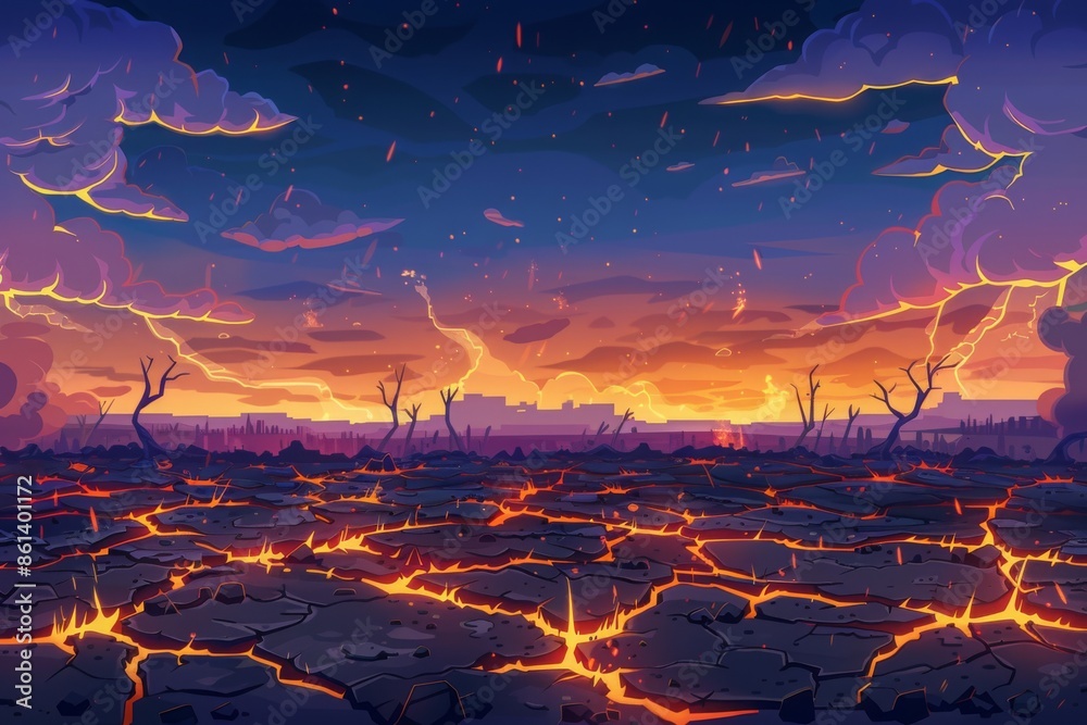 Post-apocalyptic digital art scene showing cracked earth and smoldering ...