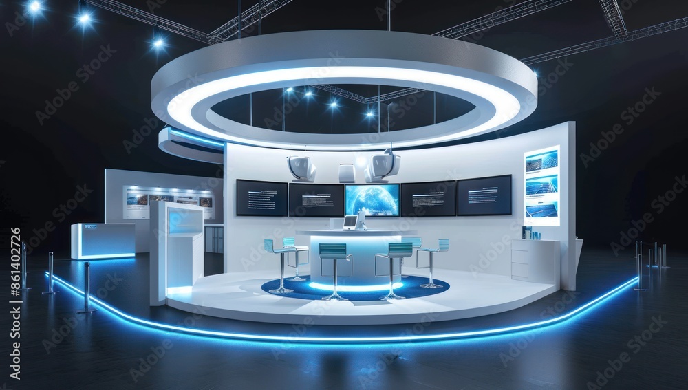 ภาพประกอบสต็อก Virtual TV news broadcast studio set background with a ...