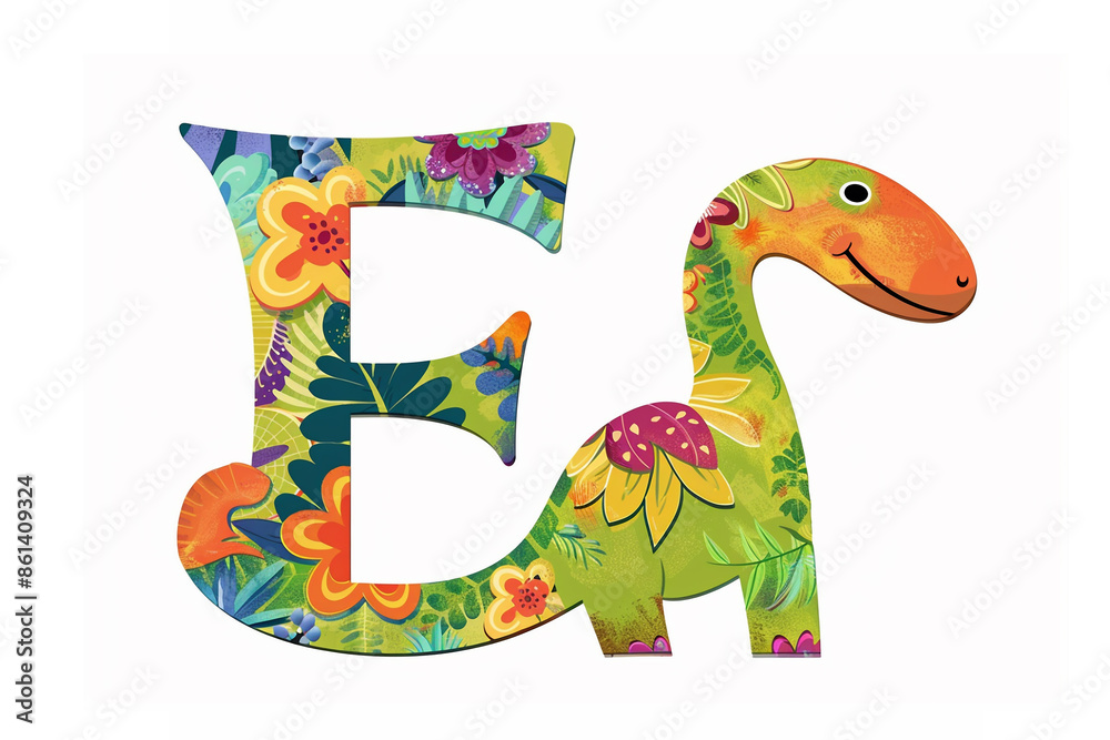 Colorful dinosaur letter E for kids isolated on white background, funny ...