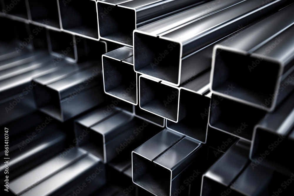 metal pipes of square cross-section, which are stacked in a large ...