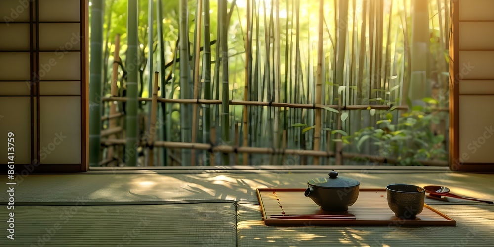 Traditional Japanese tea ceremony set in a tea house with bamboo garden ...