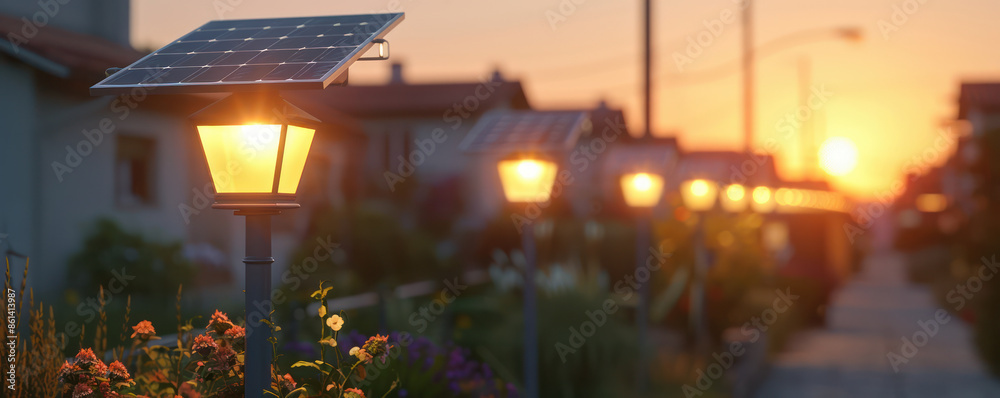 Solar powered streetlights lining a city boulevard, embracing solar ...