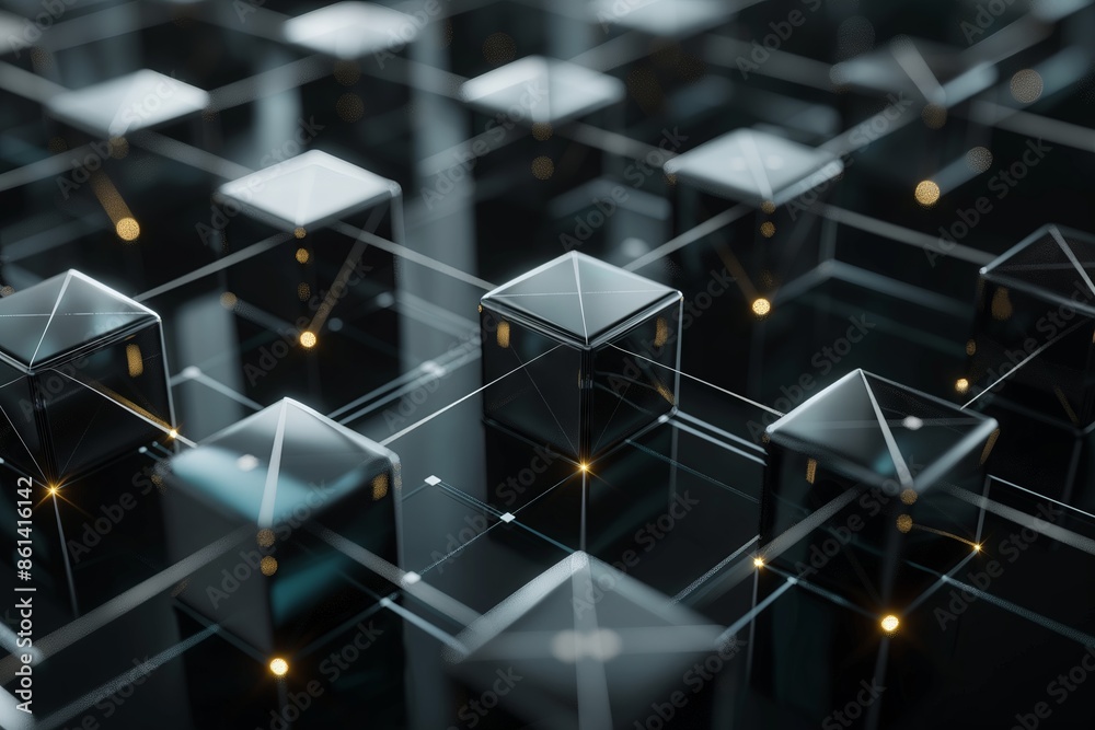 3d render of simple network with blocks on black background, hologram ...