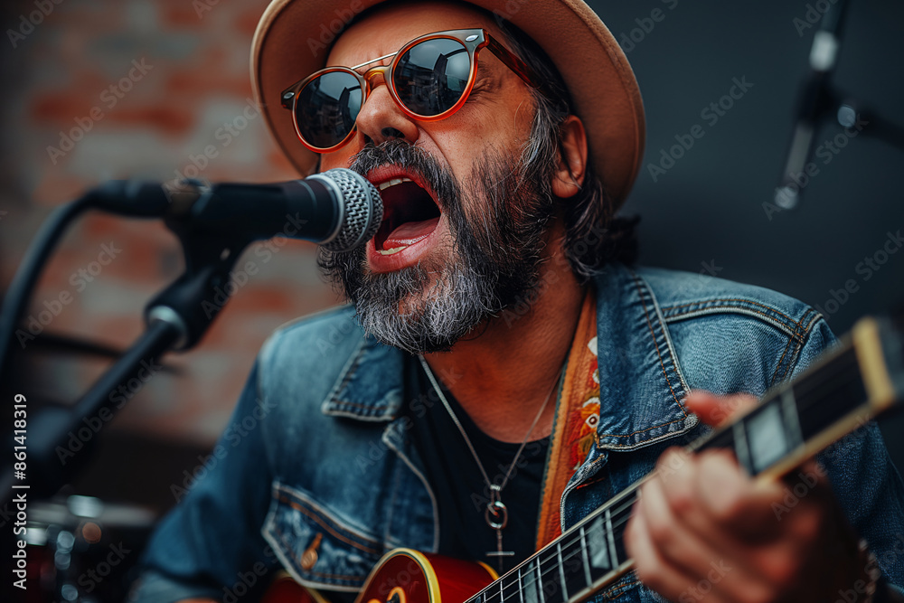 Passionate male rock singer with a beard performing live on stage ...