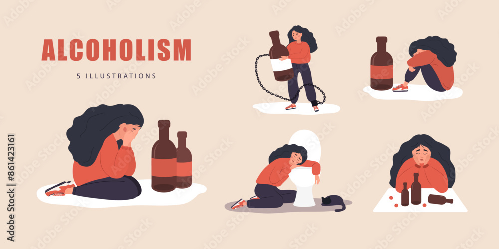 Alcoholism concept. Set of depressed female characters with alcohol ...