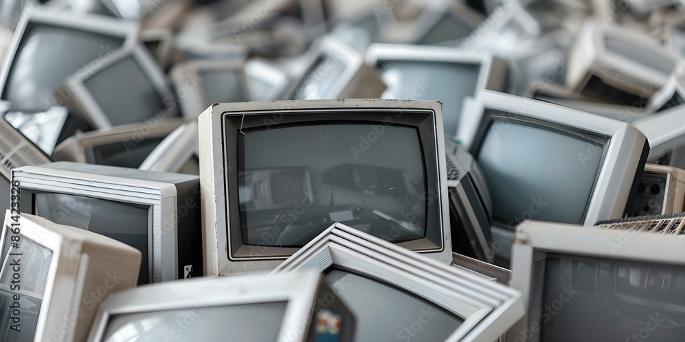 Pile of old broken computer displays and TVs obsolete electronics in ...