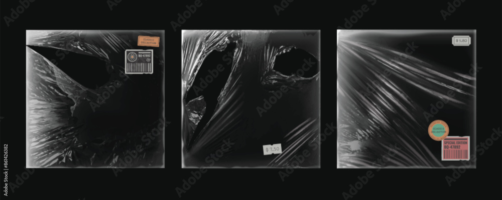 Torn vinyl cd album cover overlay for music record on black background ...
