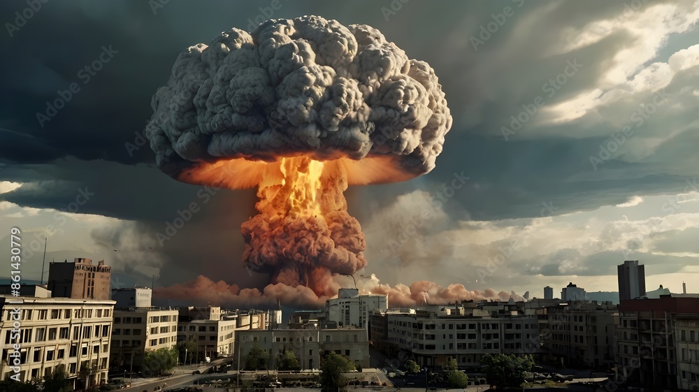 Dramatic city night with nuclear explosion, mushroom cloud, shockwave ...