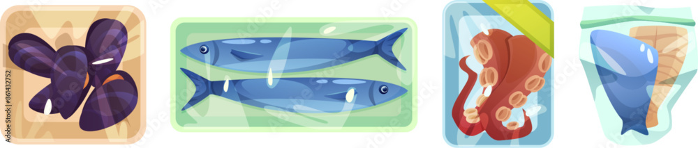 Frozen or chilled seafood covered with polyethylene transparent wrap ...