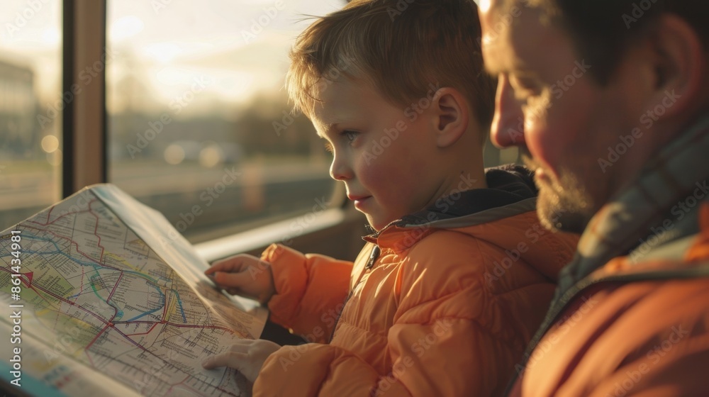 A father teaching his son how to read a map and navigate the trains ...