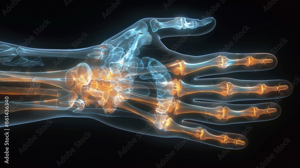 High-Resolution Render of a Human Hand's X-Ray Showing Detailed Bone ...