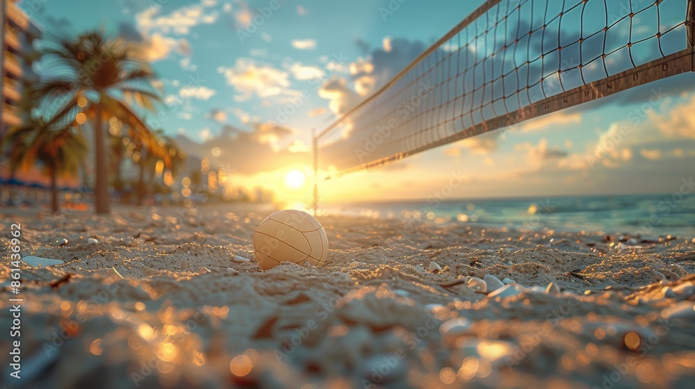 Volleyball court on a sandy beach by the sea with a stretched net ...