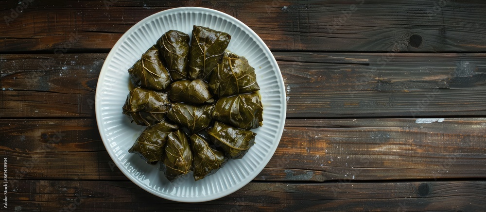 Authentic dolma presented on a white dish against a dark wooden ...