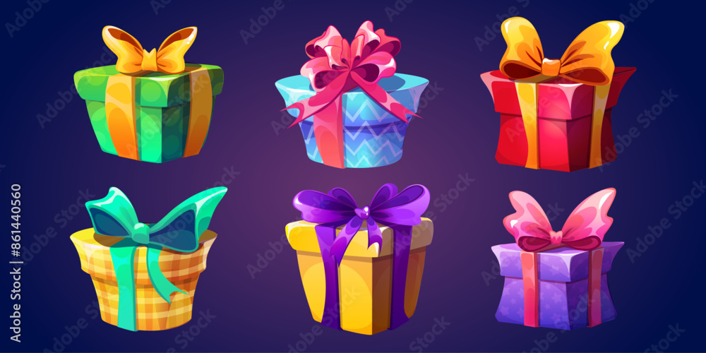 Cartoon gift boxes with colorful wrap, ribbon and bow for birthday ...
