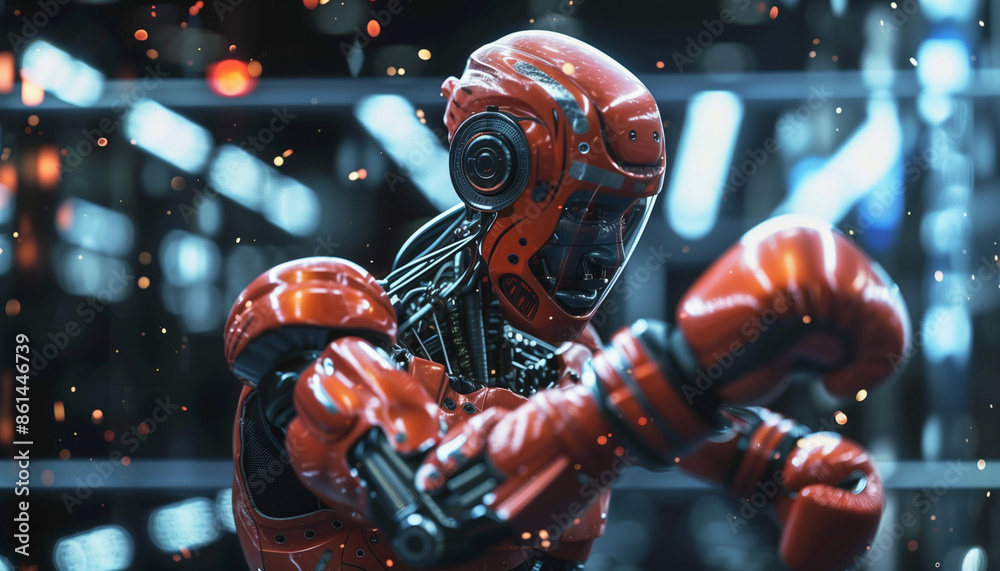 A sleek red combat robot in a boxing stance, surrounded by sparks and ...