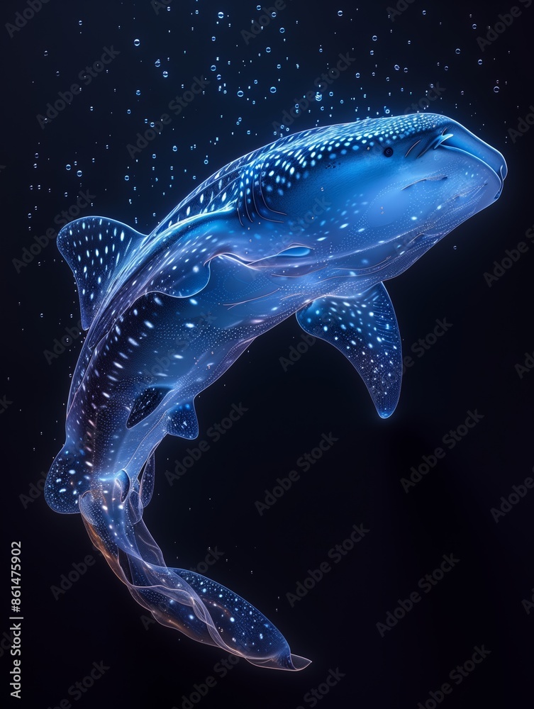 abstract digital art of a whale shark, with thin white lines on a black ...