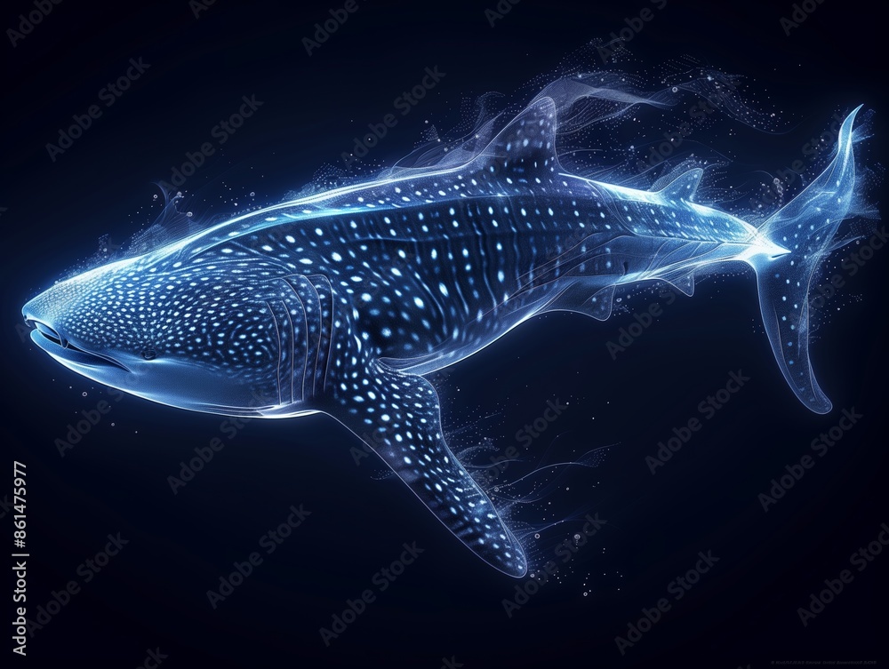 abstract digital art of a whale shark, with thin white lines on a black ...
