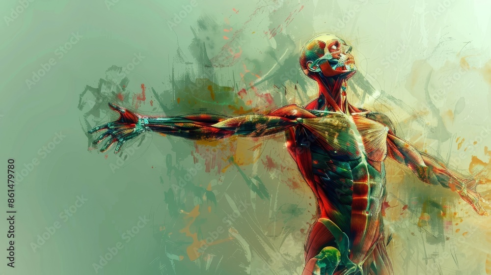 Digital painting of a detailed muscular system diagram, depicted in an ...