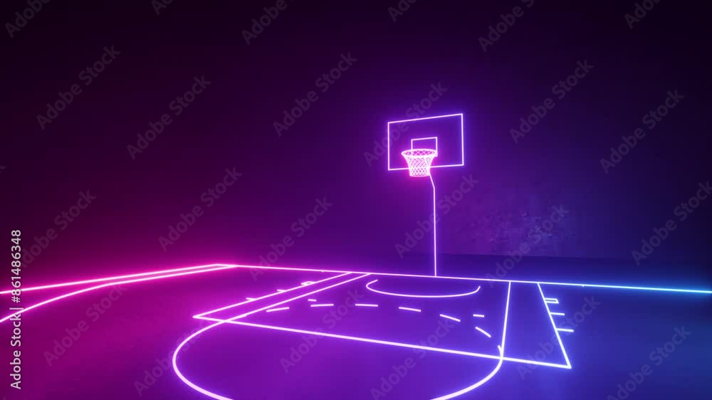 3d animation. The camera flies over the virtual neon basketball court ...