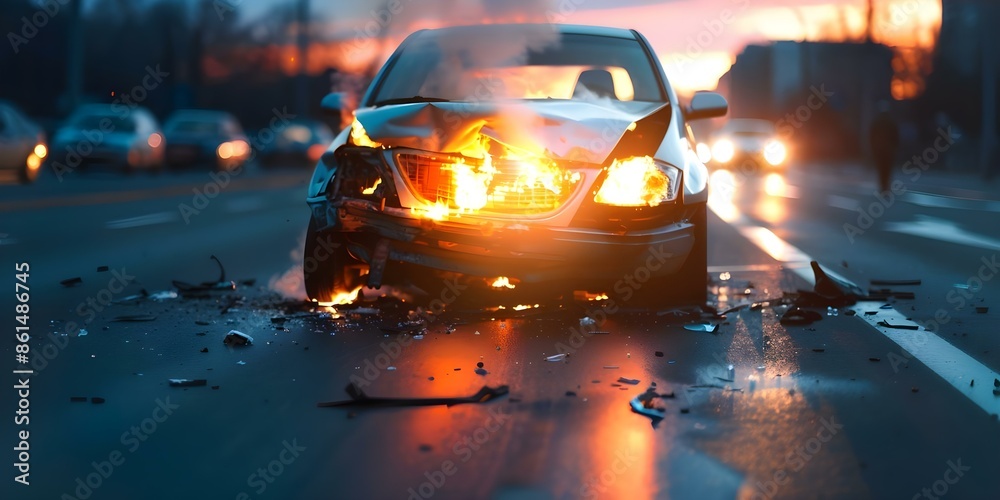 Serious car accident with a burning vehicle in broad daylight. Concept ...