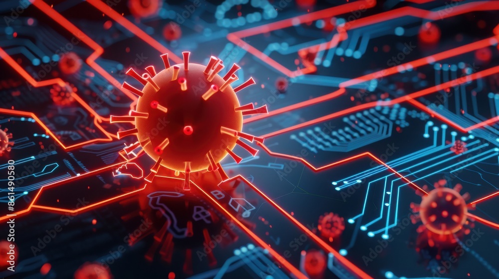 Password entry field, red virus icon, network diagram, front view ...